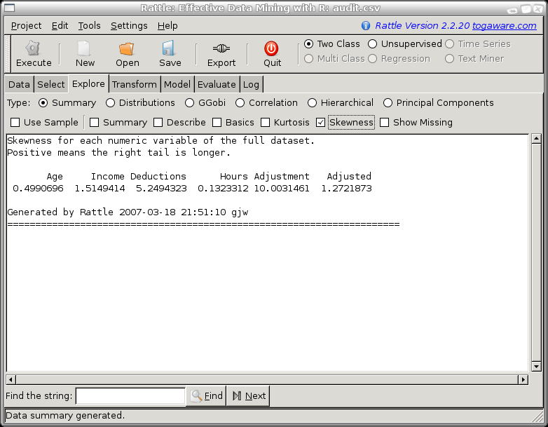 Data Mining Survivor Summarising Data Skewness